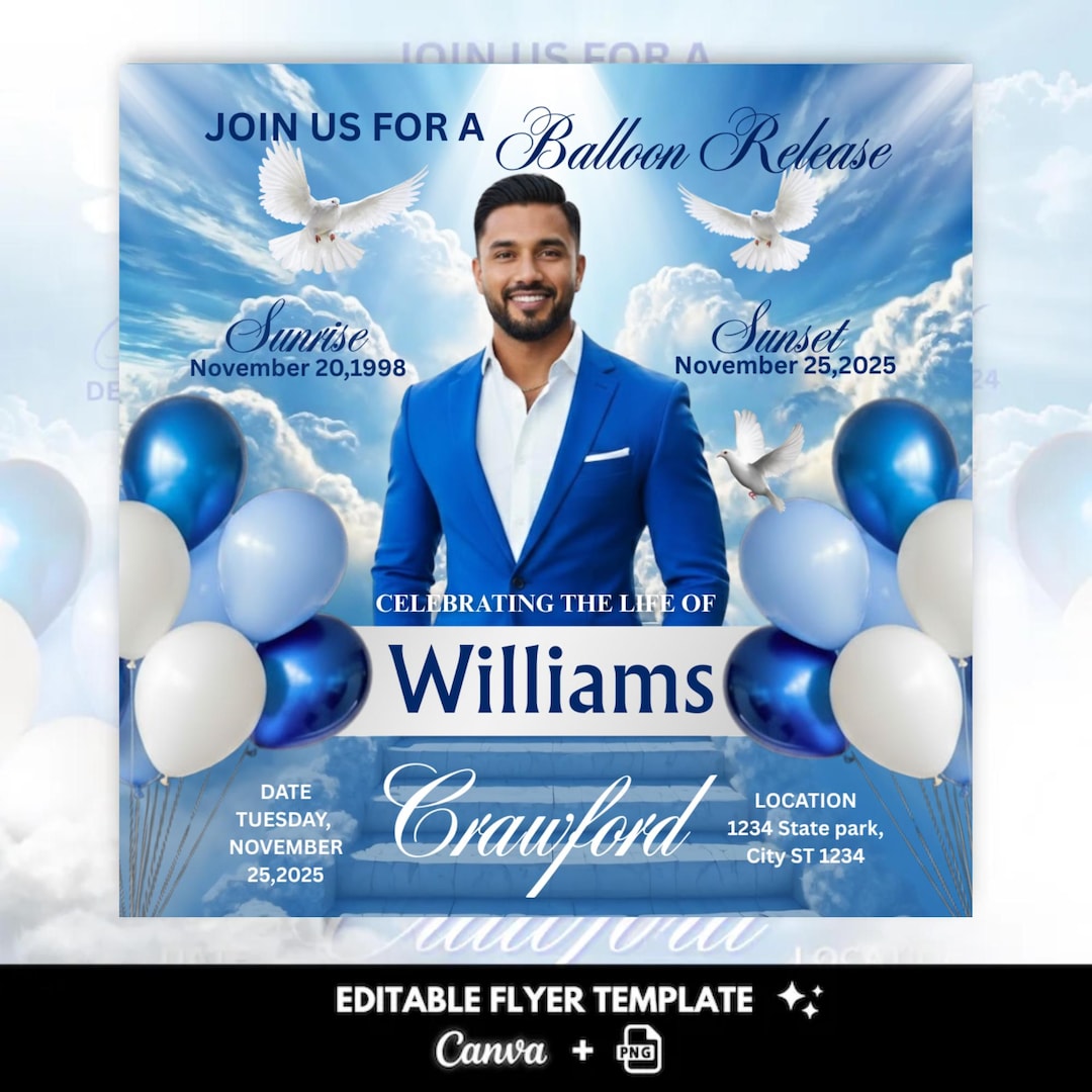 Memorial Balloon Release Flyer, Editable Funeral Template, RIP Design ...