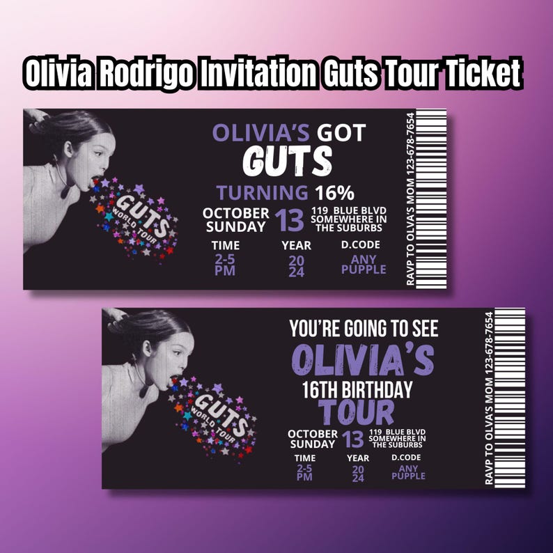 Olivia Rodrigo Invitation | Guts Tour Ticket Concert Birthday Party ...