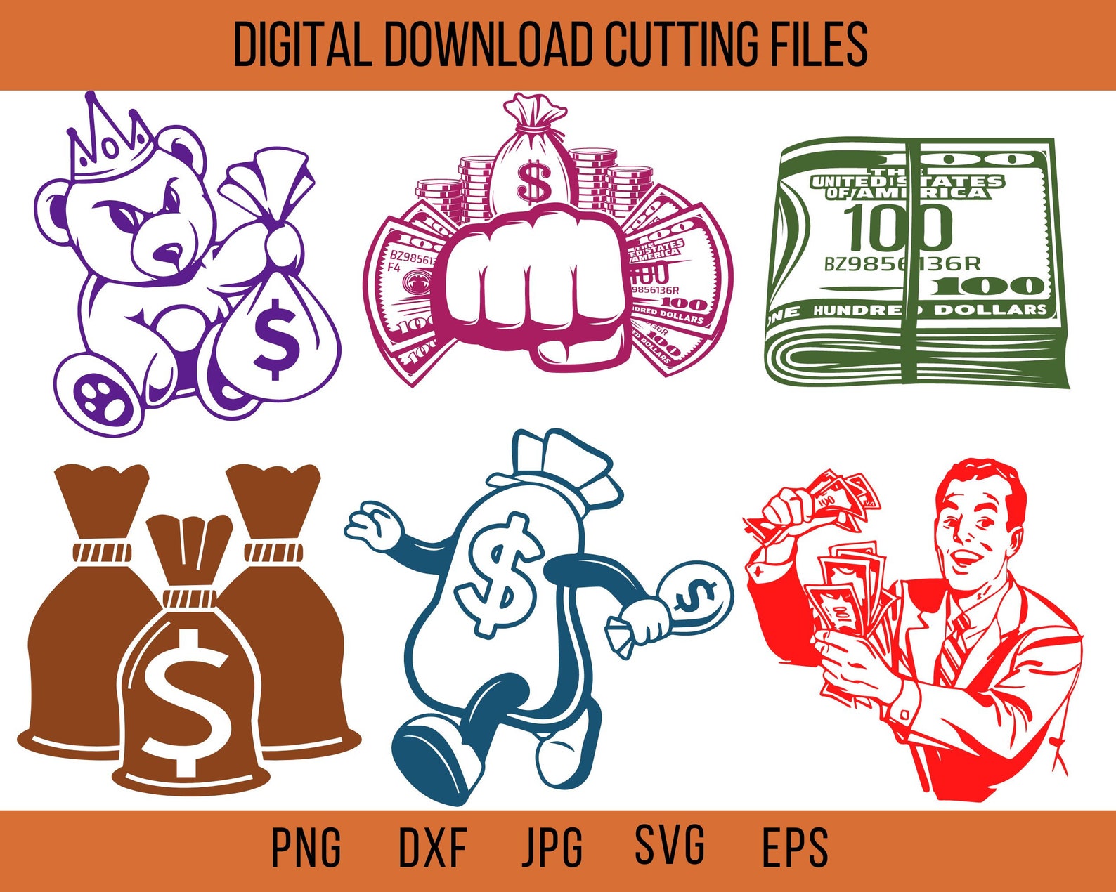 Money SVG Bundle: Dollar Bill Clipart, Money Bag PNG (digital Download ...