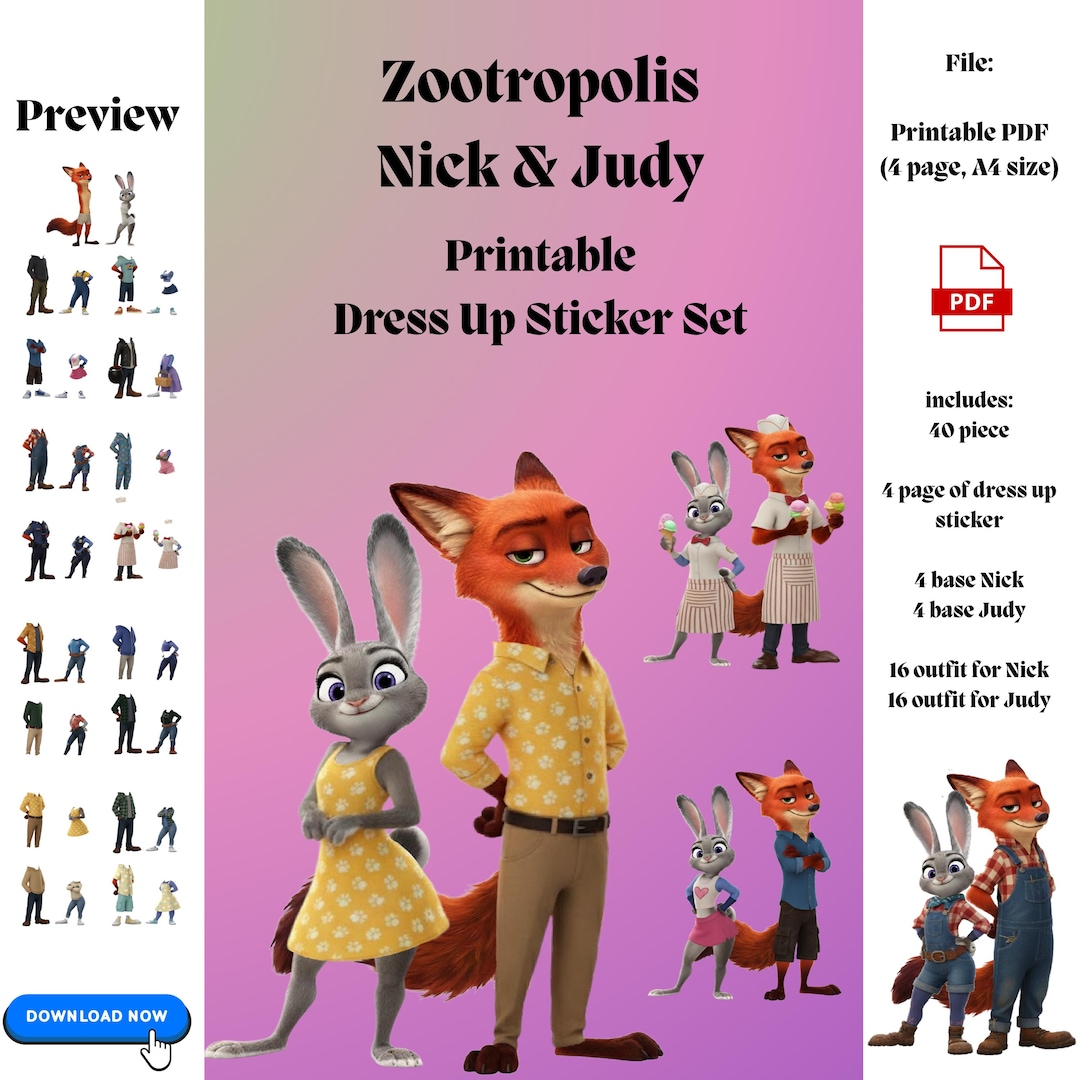 Zootropolis Nick & Judy Inspired Dress up Game | Printable Sticker PDF ...
