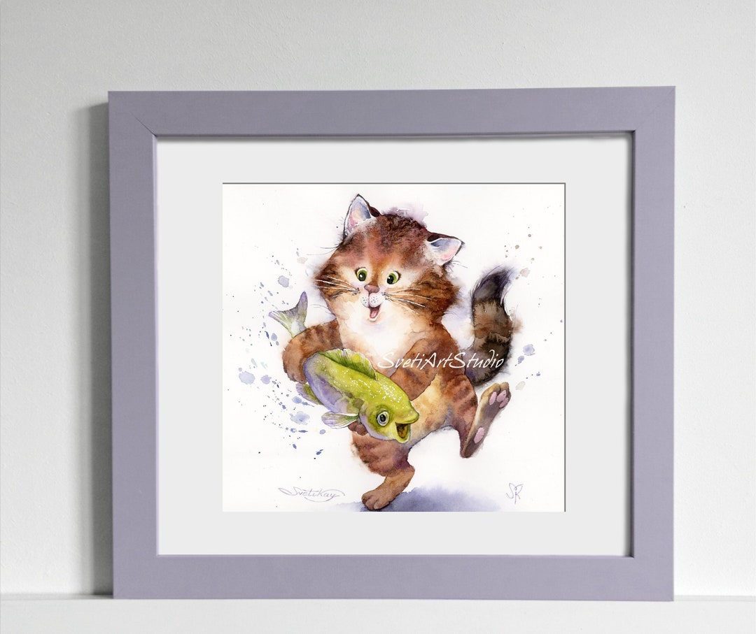 Fisher Cat Painting, Fishing Gifts, Funny Animal Art, Cat Fisher ...