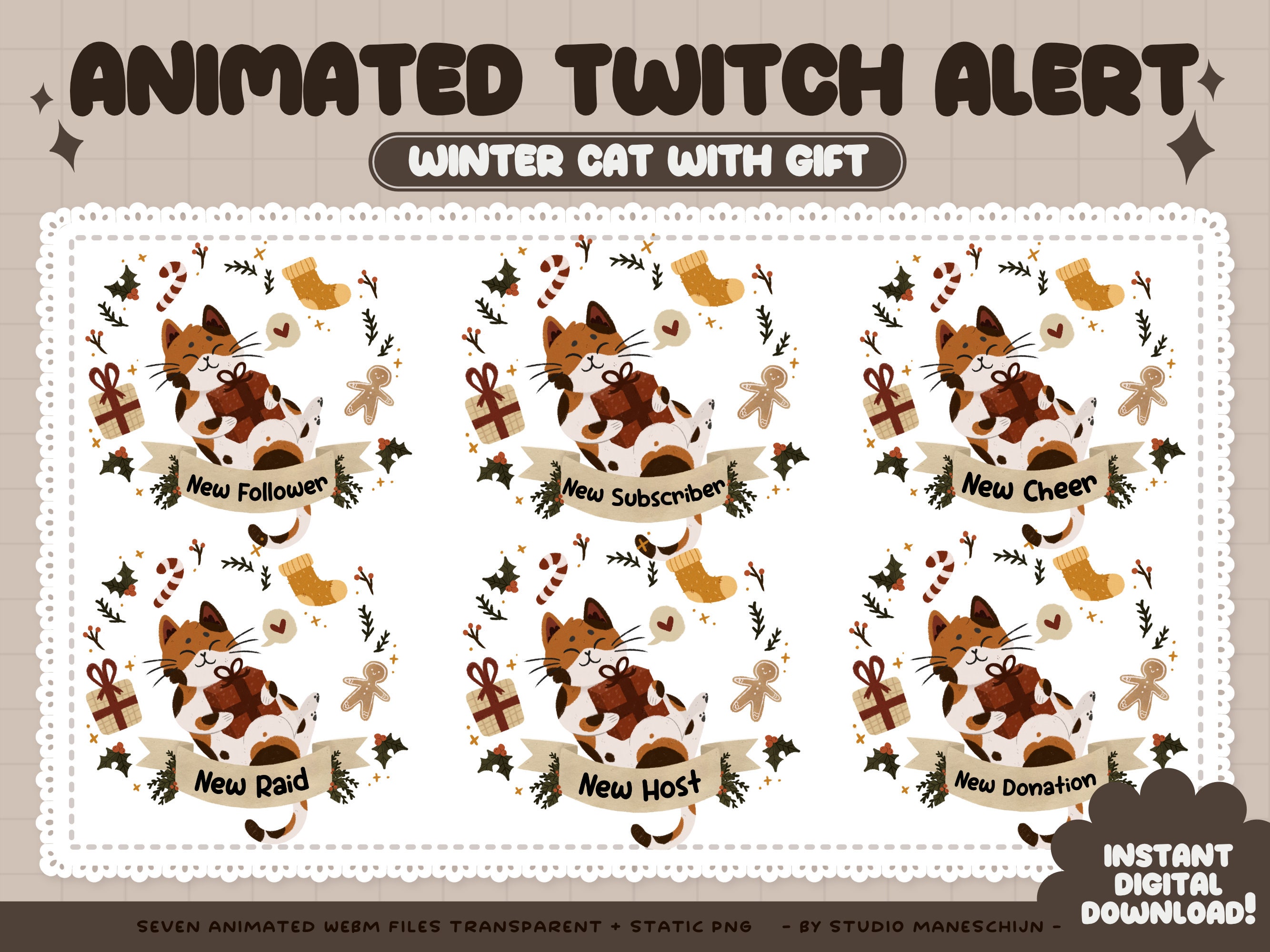 Animated Christmas Calico Cat Alerts for Twitch Animated Overlay, Cute ...