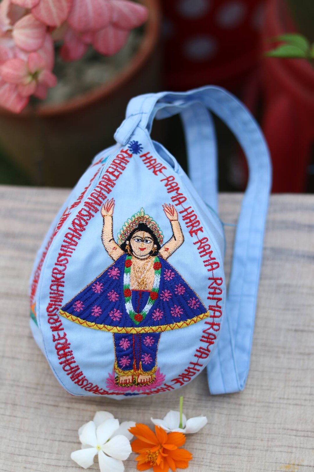 Pure Cotton Japa Bag Sky Blue Embroidered Lord Chaitanya Mahaprabhu ...
