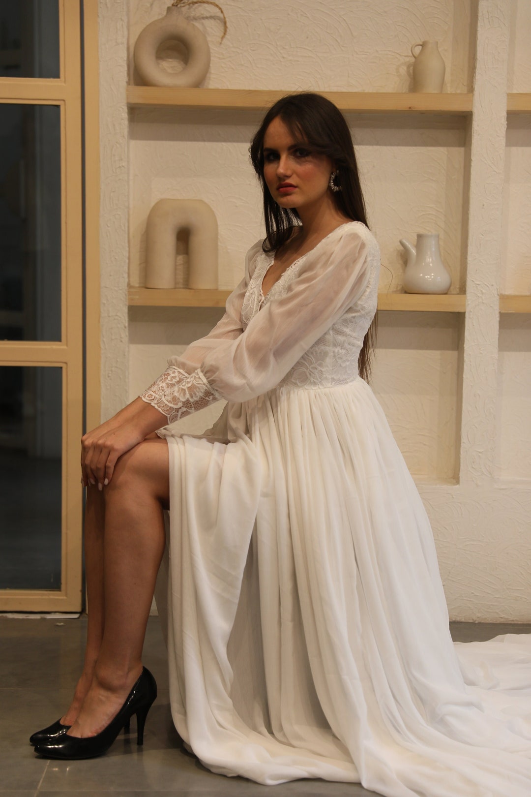 Lace Wedding Dress, Wedding Guest Dress,wedding Gown With Slit in Ivory ...