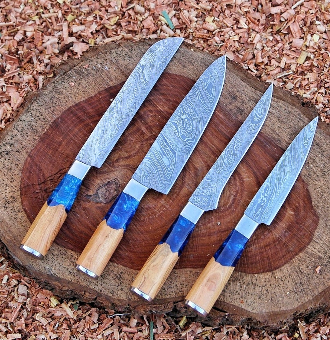 Handmade Damascus Steel Chef Set of 4pcs With Leather Sheath, Kitchen ...