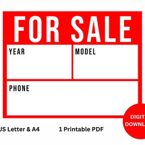 Car for Sale Sign - Digital Download - US Letter & A4 PDF File - Etsy