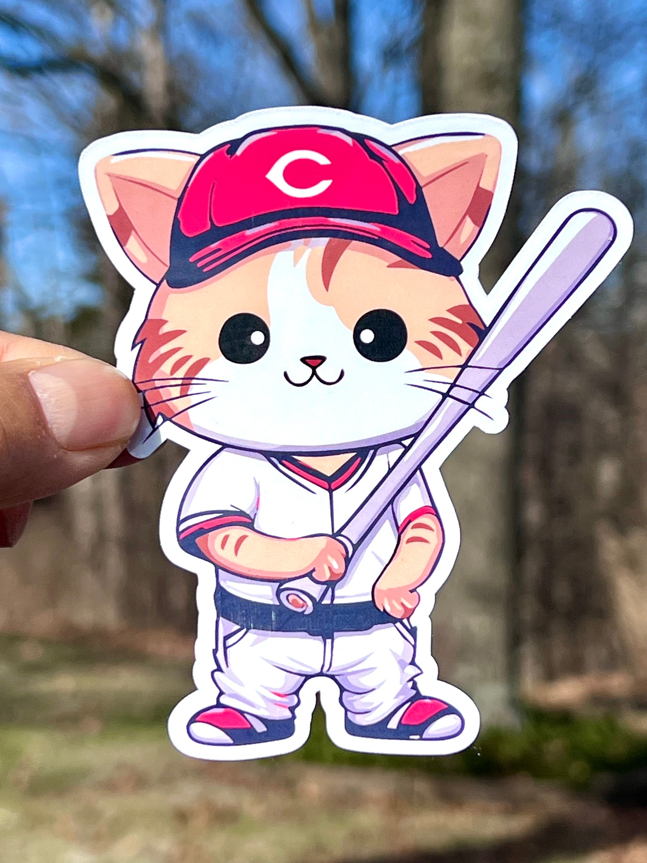 Baseball Cat Cincinnati Reds Fan Cat Sticker Kawaii Sticker Kids ...