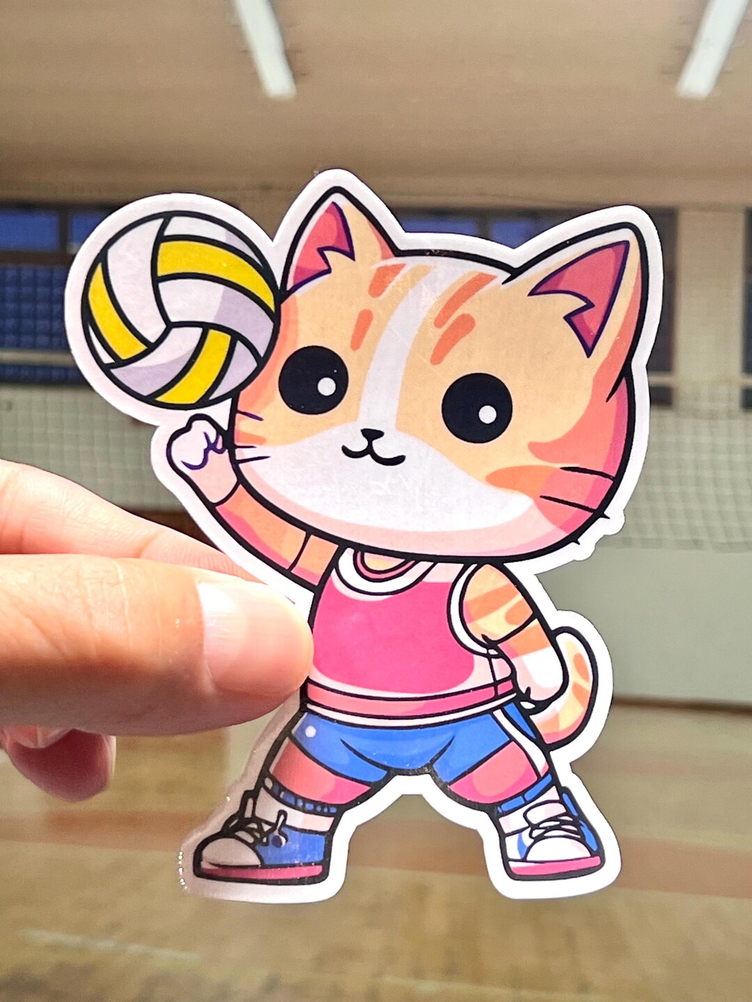 Volleyball Cat Sticker | Cute Cat Playing Volleyball | Water Bottle ...