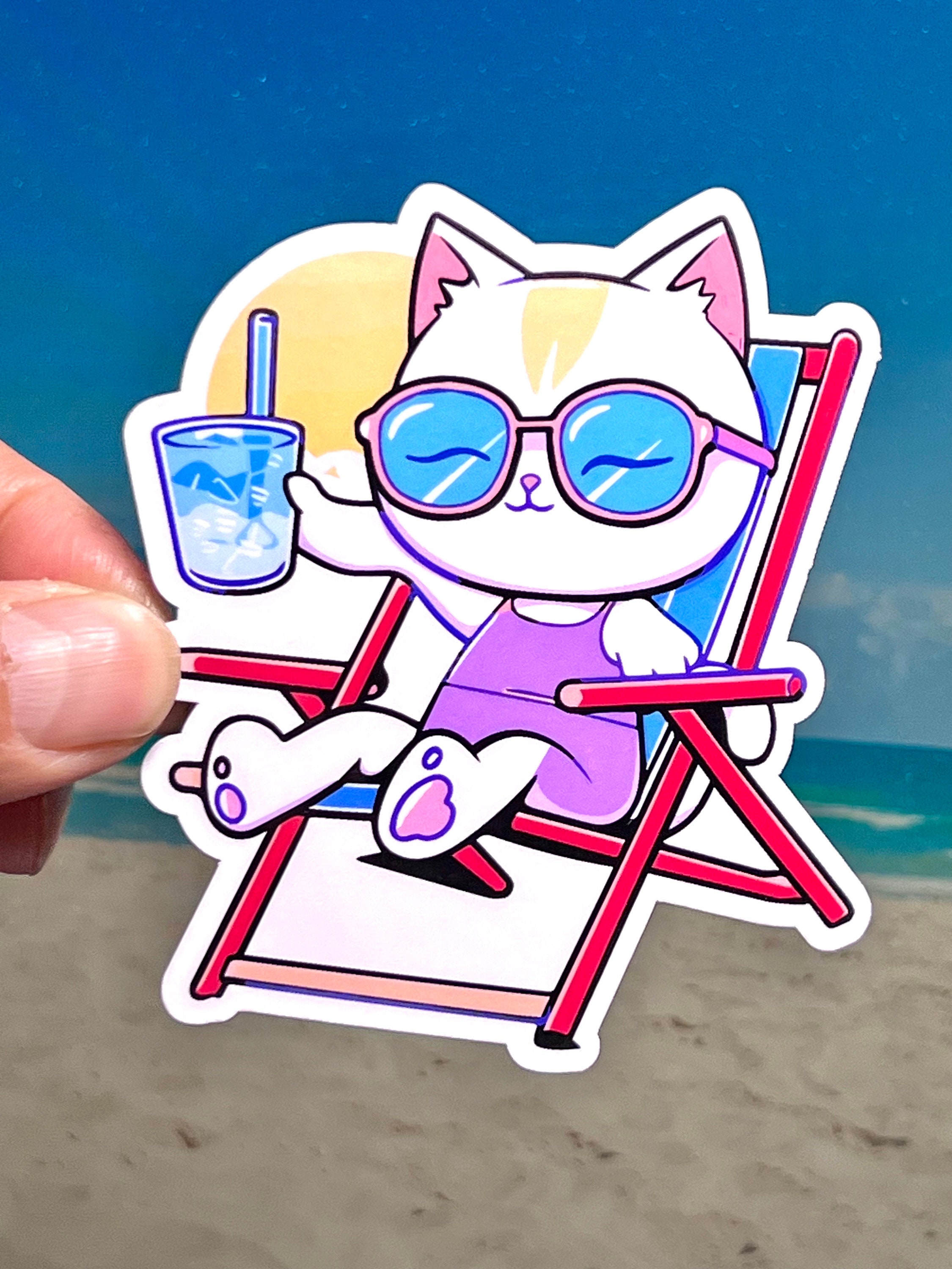 Beach Kitty Sticker Cool Kitty Reclining at the Beach Sticker Water ...