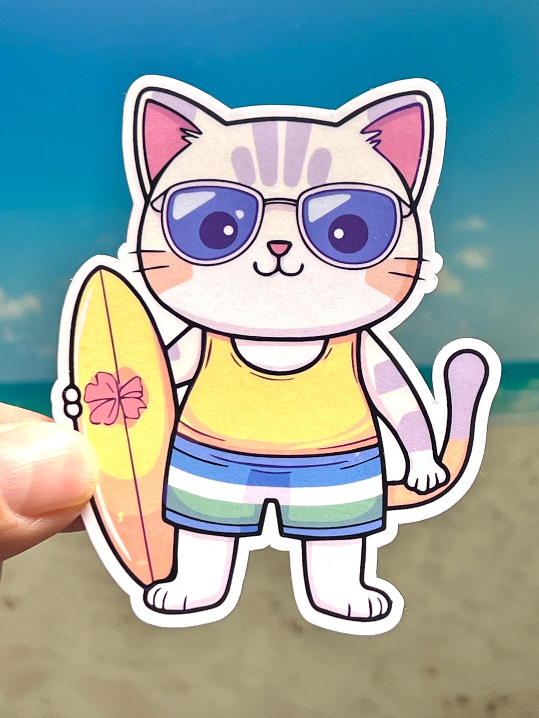 Surfboard Cat Sticker | Surfboarding Kitty Sticker | Water Bottle ...