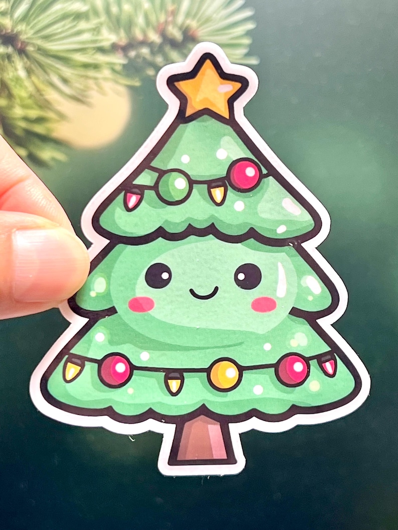 Kawaii Christmas Tree Sticker: Smiling Face, Waterproof Vinyl Sticker ...