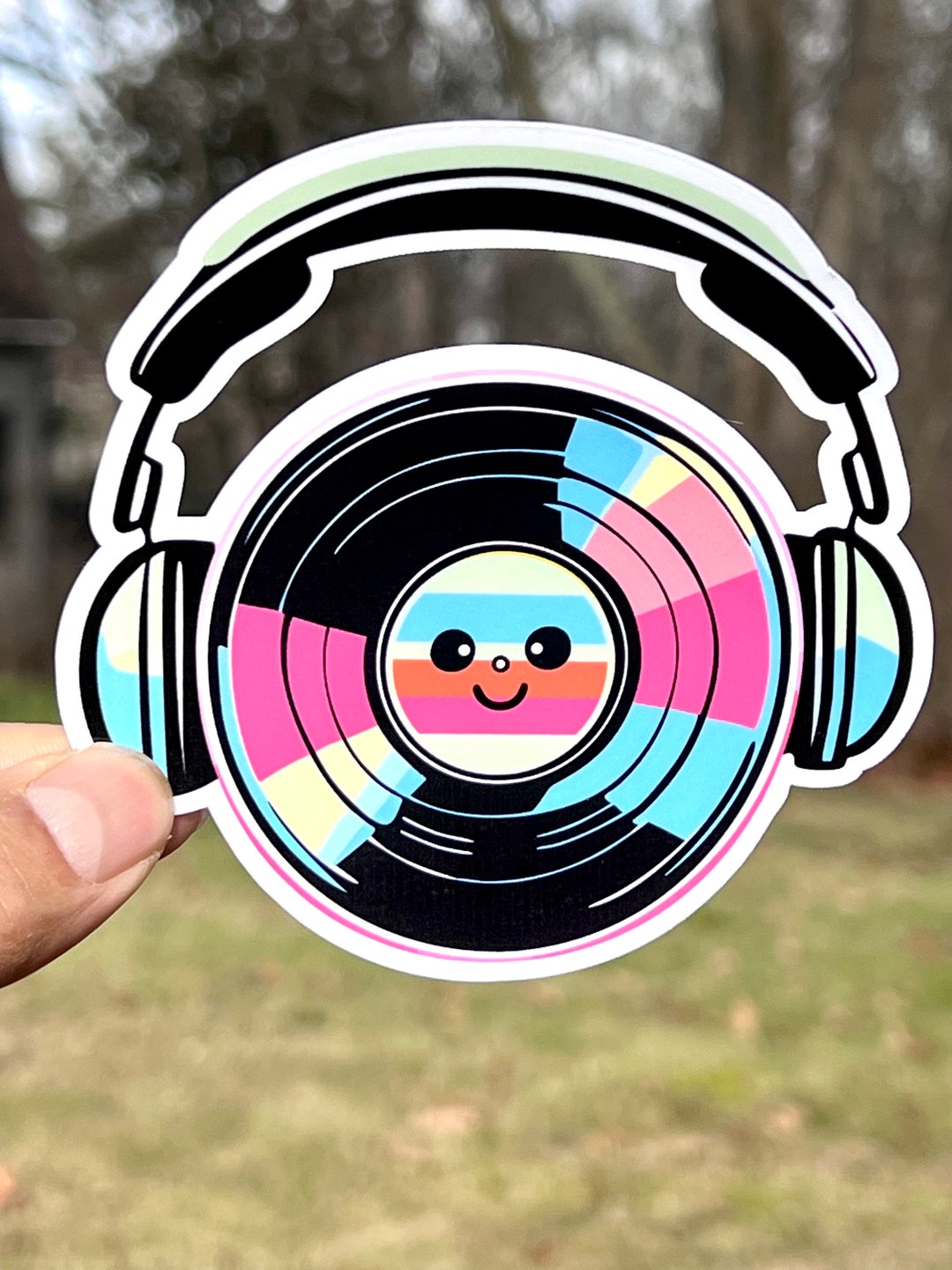 Retro Vinyl Record Sticker | Cute Vinyl Record Wearing Headphones Decal ...