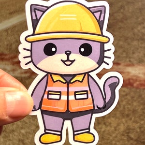 Construction Worker Cat Sticker | Cute Cat in Hard Hat Sticker ...