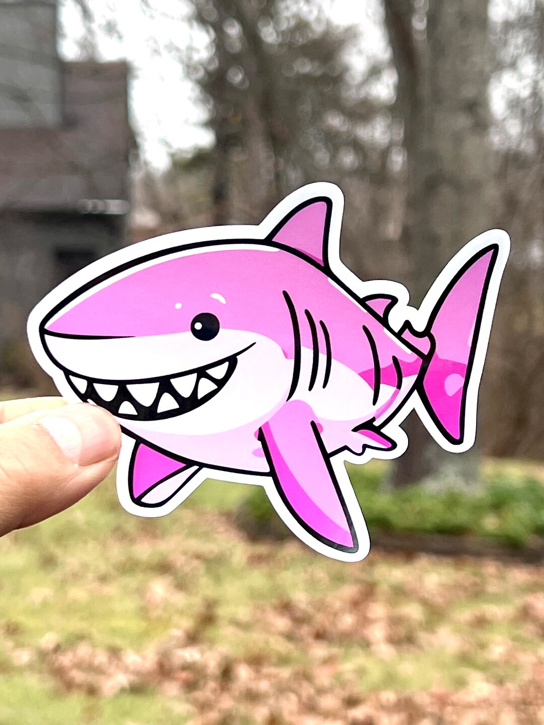 Pink Shark Sticker | Cute Smiling Cartoon Shark Decal | Waterproof ...