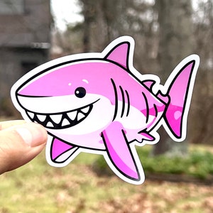 Pink Shark Sticker | Cute Smiling Cartoon Shark Decal | Waterproof ...