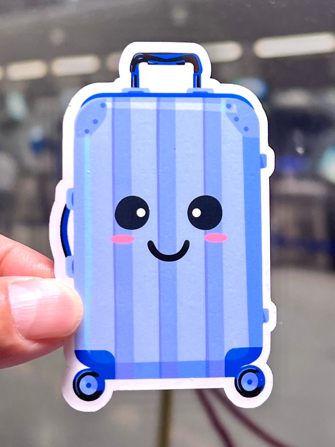 Cute Luggage Sticker Blue | Kawaii Cartoon Suitcase With Face | Water ...