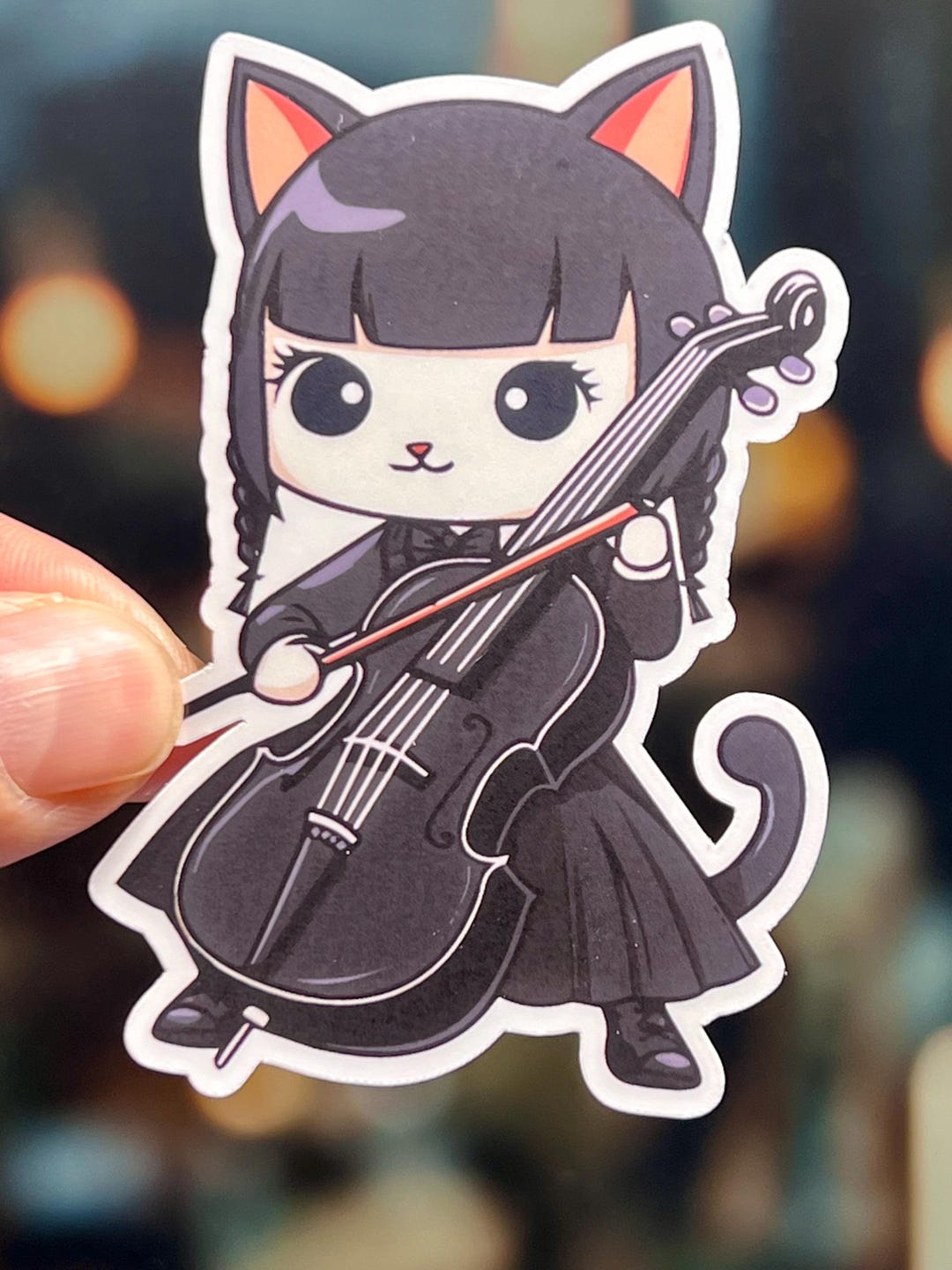 Wednesday Cello Cat Sticker | Goth Cello Kitty | Water Bottle Sticker ...