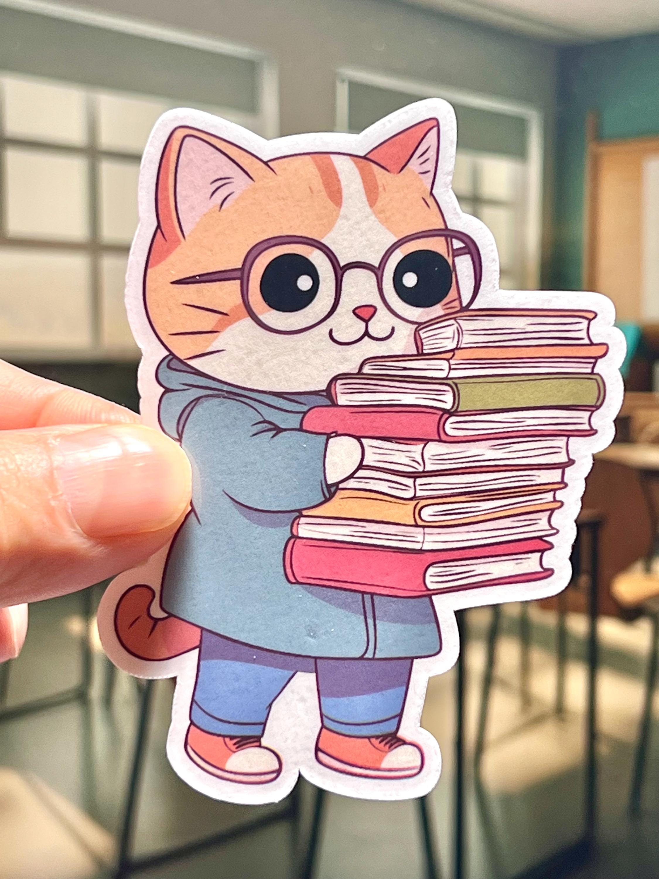 Library Cat Sticker | School Kitty Carrying a Stack of Books | Kawaii ...