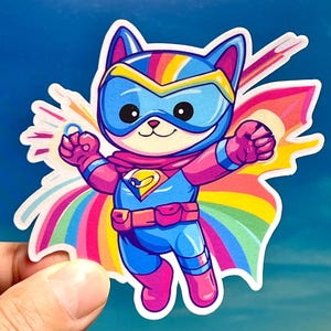 Rainbow Superhero Cat Sticker | Cute Super Kitty Sticker | Waterproof ...