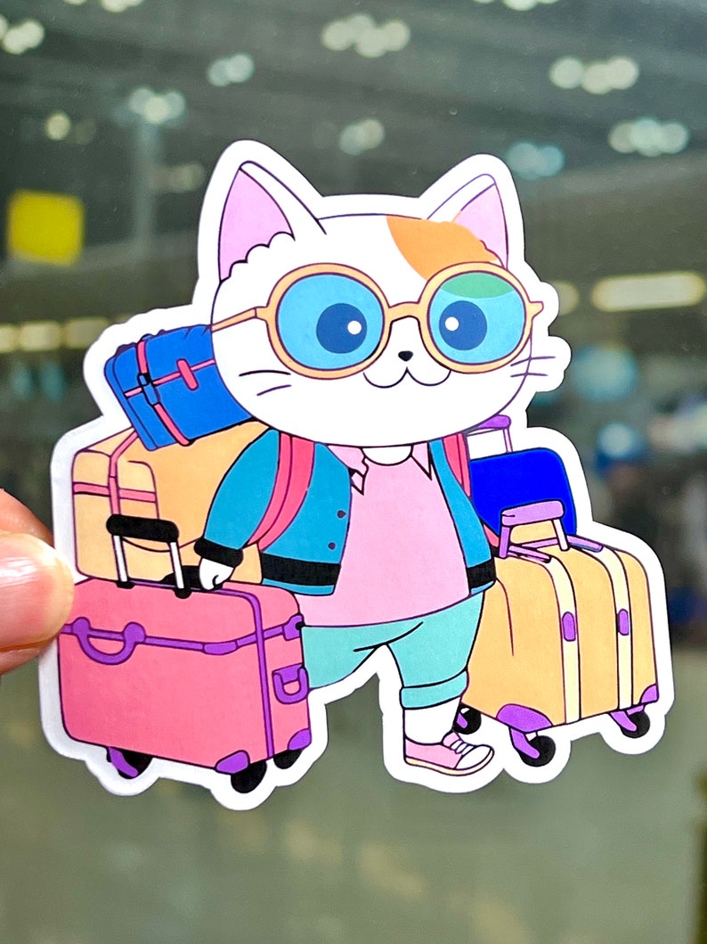 Travel Cat Sticker: Vacation Kitty With Luggage, Kawaii Vinyl Sticker ...