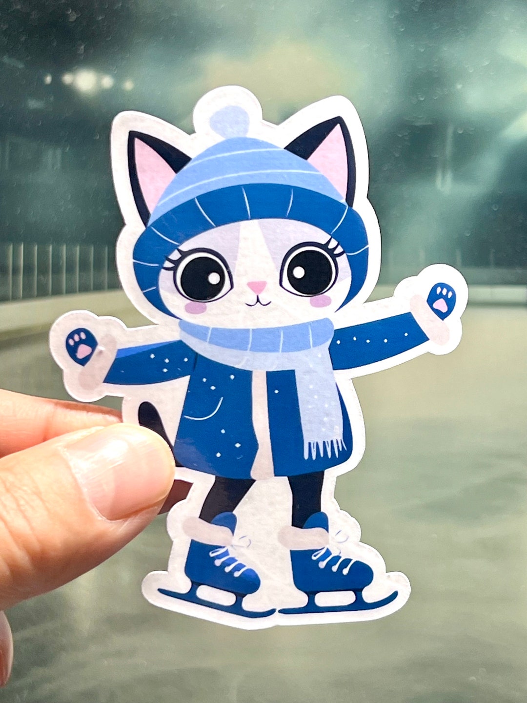 Ice Skating Cat Sticker | Winter Skater Kitty | Waterproof Outdoor Sticker | Water Bottle ...