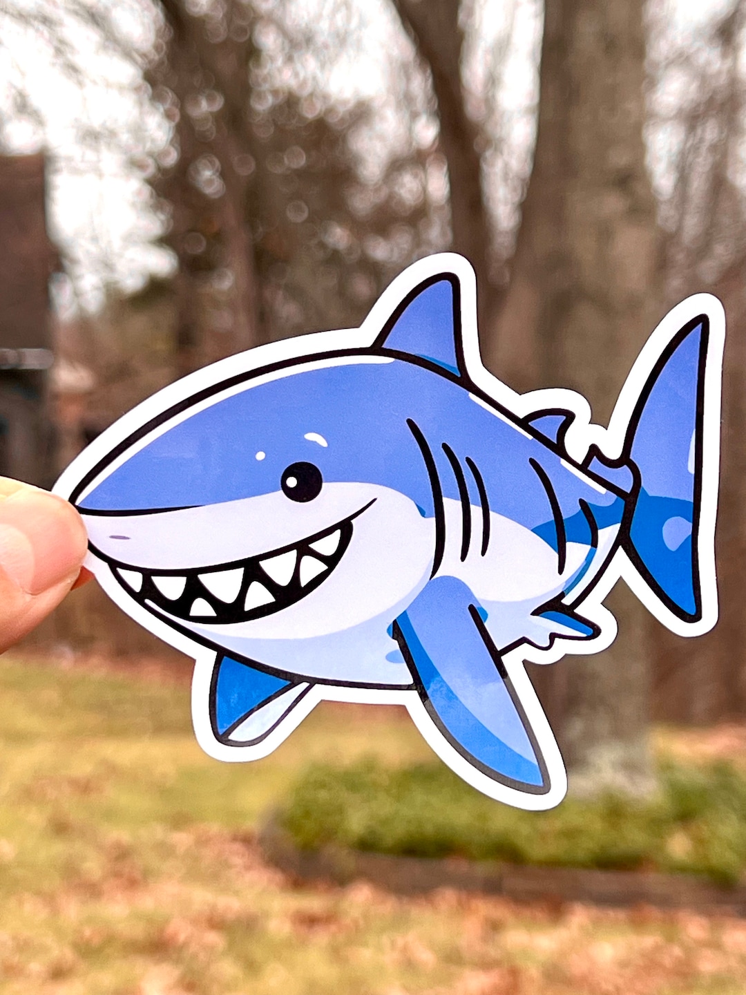 Blue Shark Sticker | Cute Smiling Cartoon Shark Decal | Waterproof ...