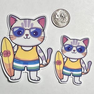 Surfboard Cat Sticker | Surfboarding Kitty Sticker | Water Bottle ...