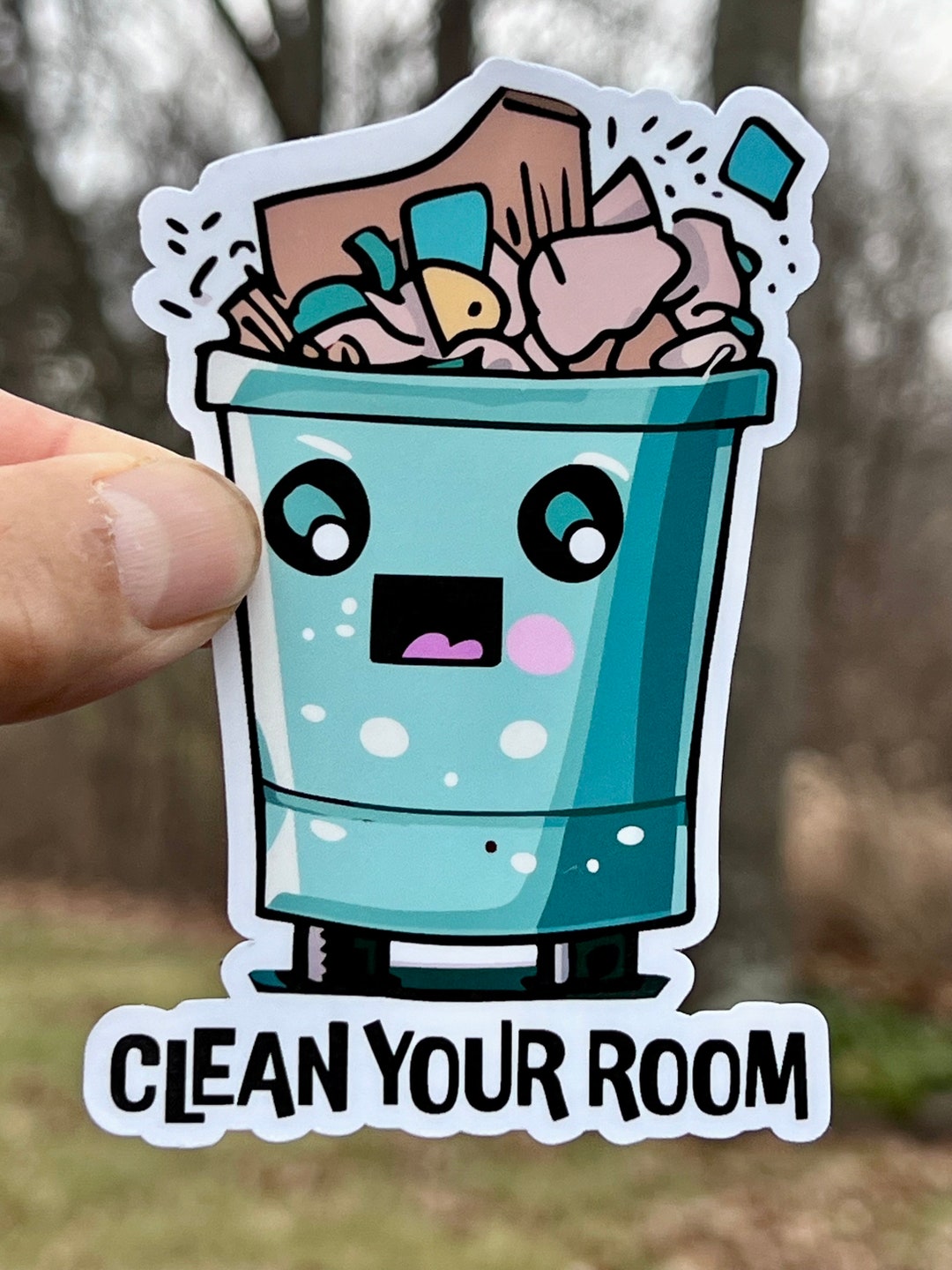 Clean Your Room Sticker: Funny Cartoon Garbage Can, Waterproof Vinyl ...
