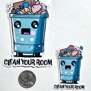 Clean Your Room Sticker: Funny Cartoon Garbage Can, Waterproof Vinyl ...