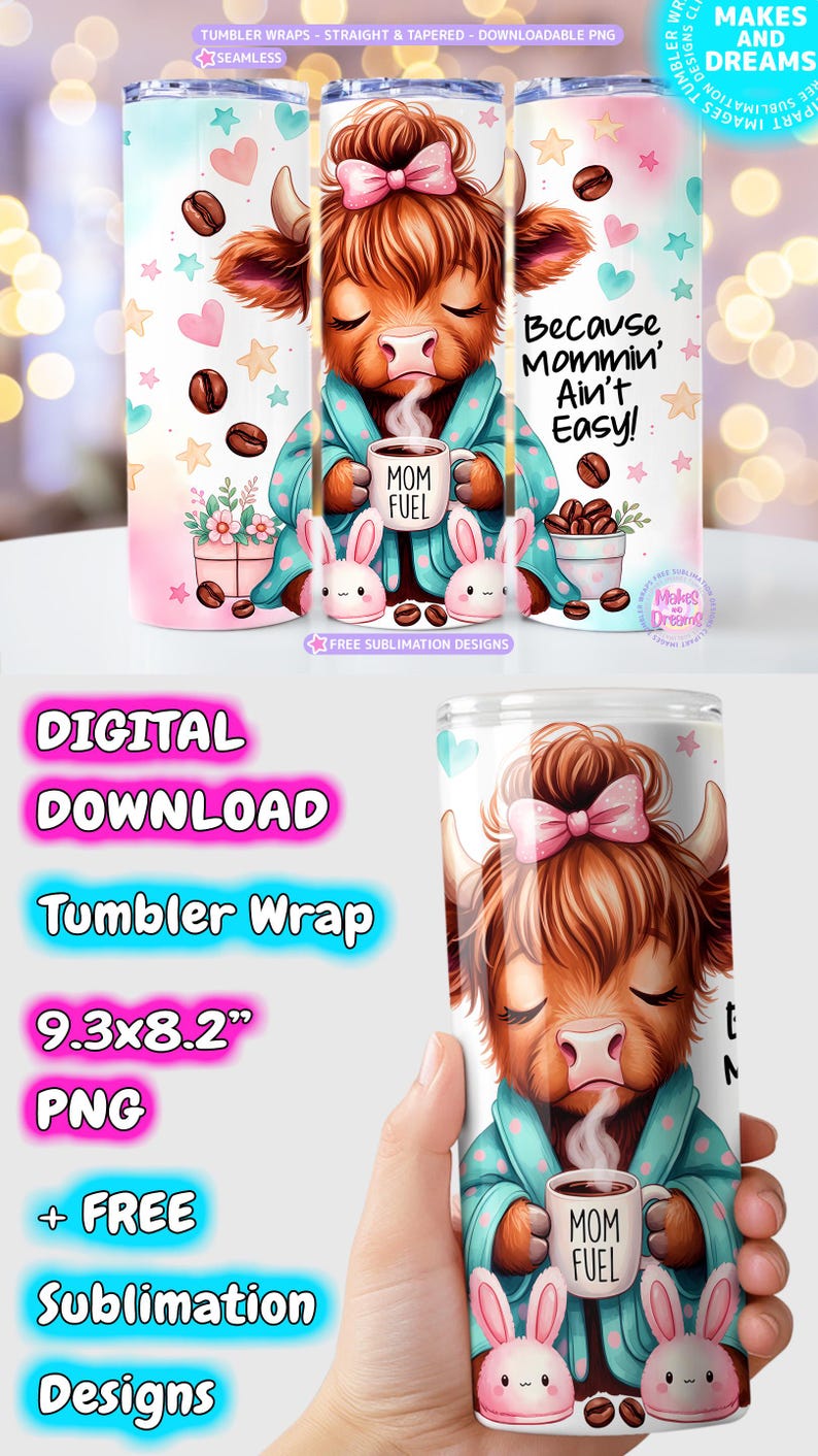 Highland Cow Mom Tumbler Wrap Seamless Coffee Lover Png 20 Oz Skinny ...