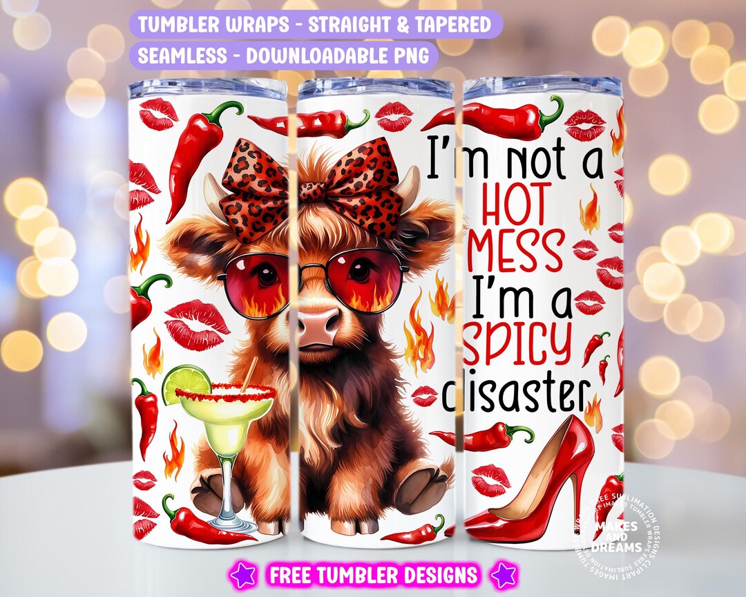 Hot Mess Cow Tumbler Wrap Png Seamless, Funny Highland Cow 20 Oz Skinny ...