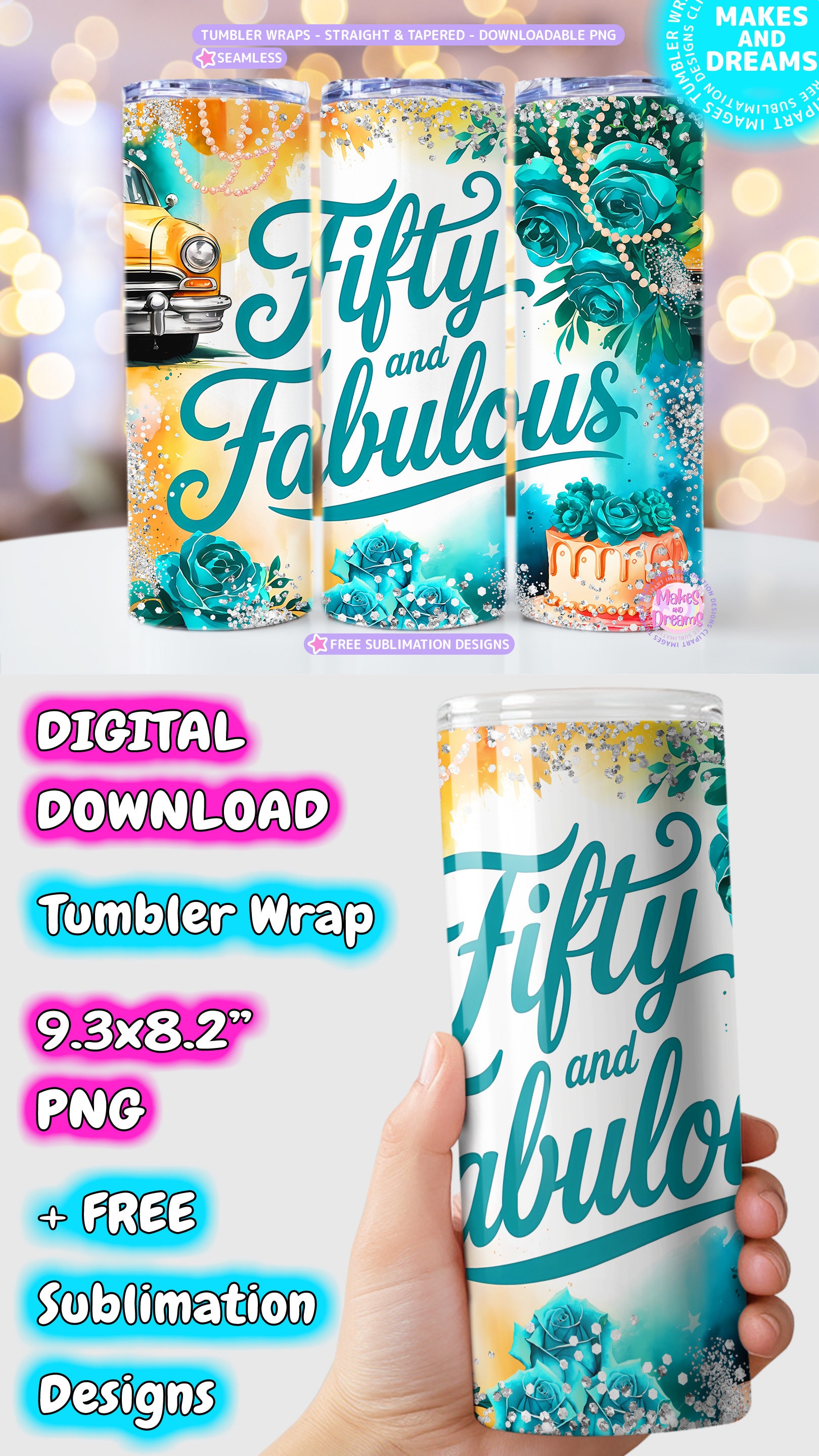 Fifty and Fabulous Tumbler PNG, 50th Birthday Tumbler Wrap, Vintage ...