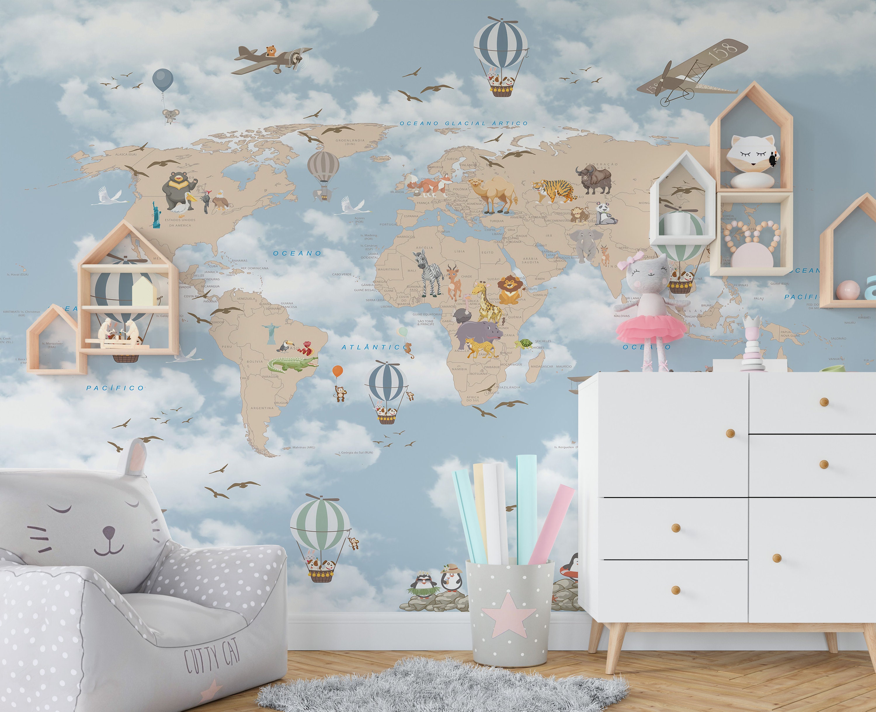 Kids World Map Wallpaper Kids Wallpaper Peel and Stick - Etsy
