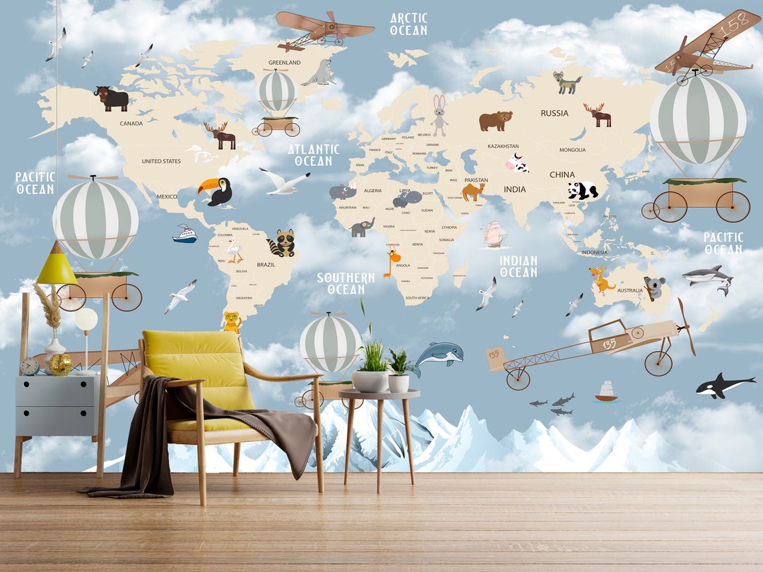 Child Map Wallpaper Kids Room Wallpaper World Map Wall - Etsy