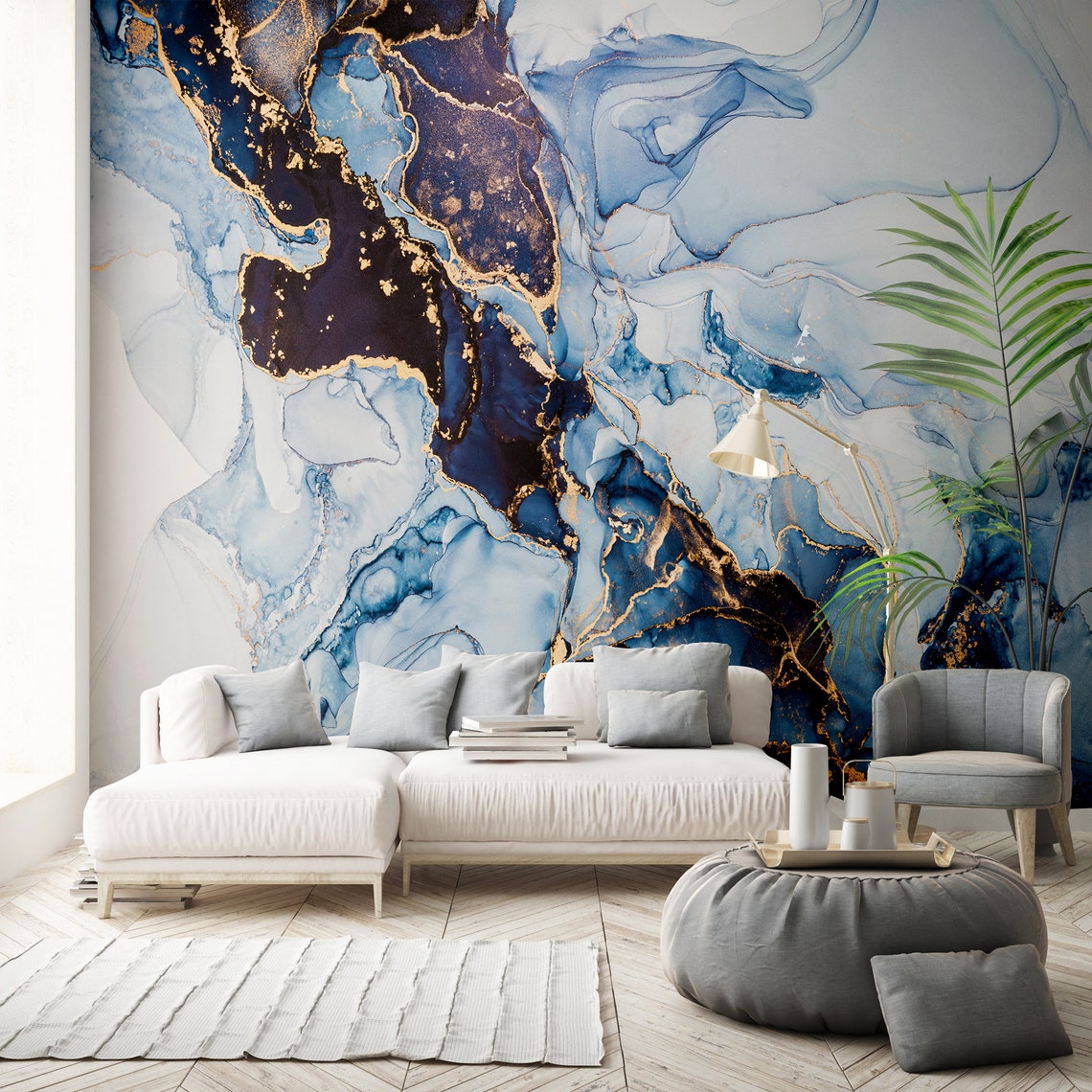 Blue Marble Mural, Marble Design Wallpaper, Peel and Stick Marble ...