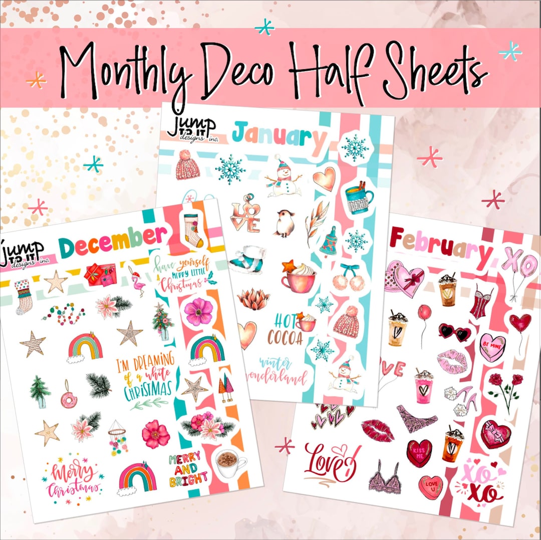 Monthly Deco Half Sheets - Planner Stickers December, January, February ...