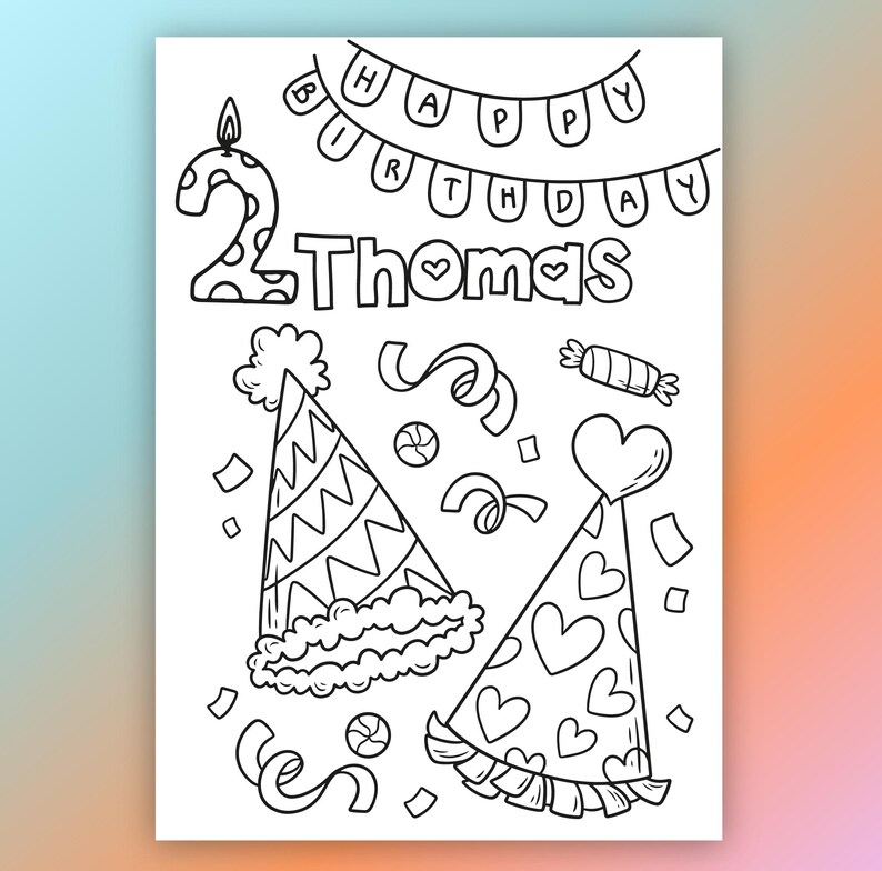 Happy Birthday Fun Party Hat Coloring Page DIGITAL | Coloring Greeting ...