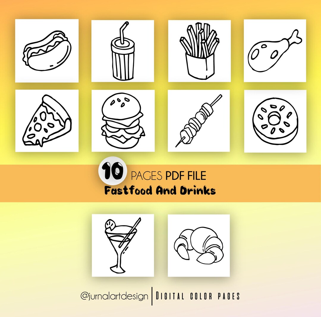 Fast Foods and Drinks Coloring Pages | 10-page Cute PDF Coloring Book ...