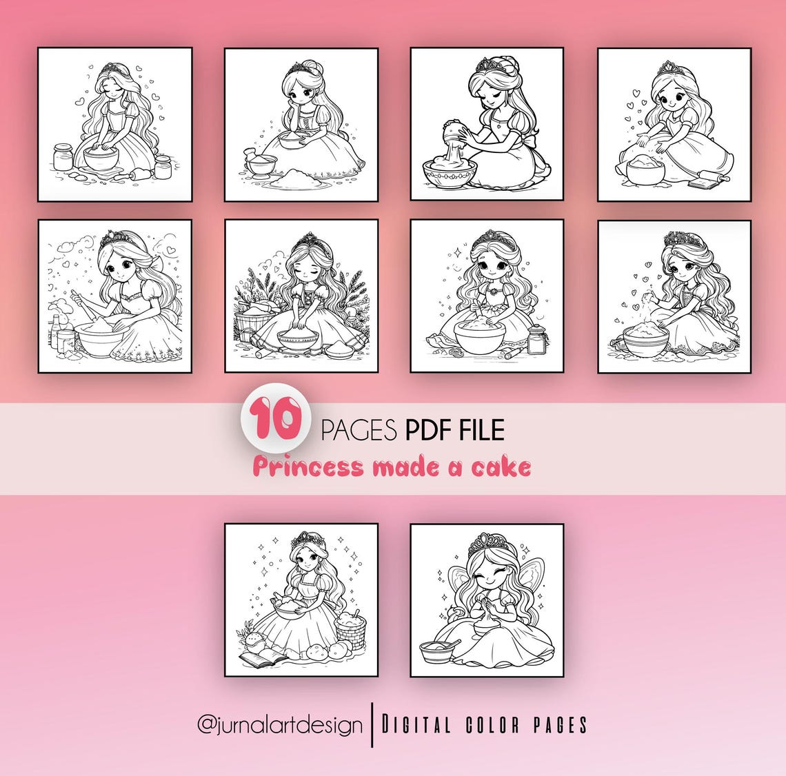 Princess Made Cakes Coloring Pages | 10-page Cute PDF Coloring Book ...