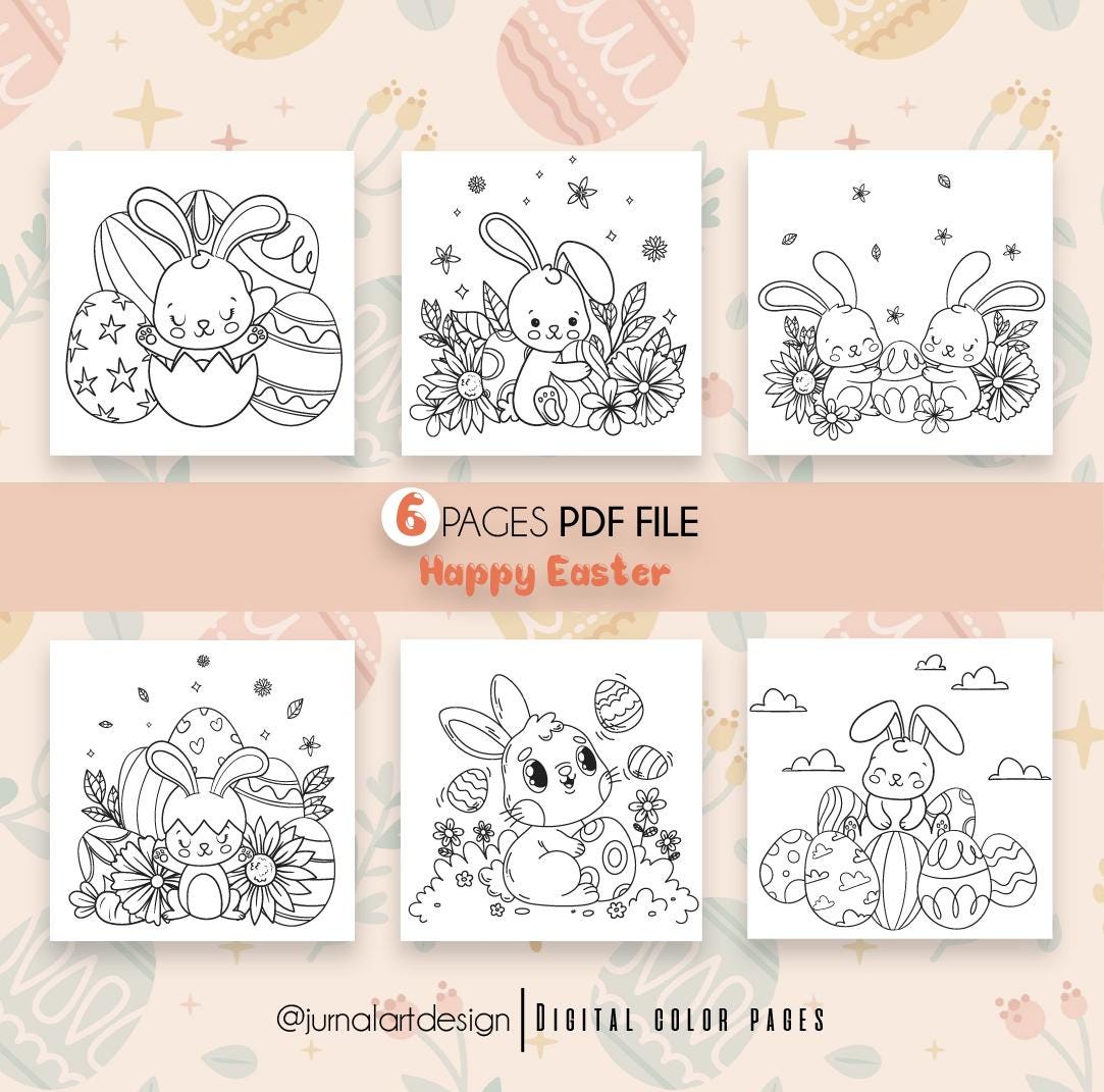 Happy Easter Coloring Pages | 6-page Cute PDF Coloring Book | Digital ...