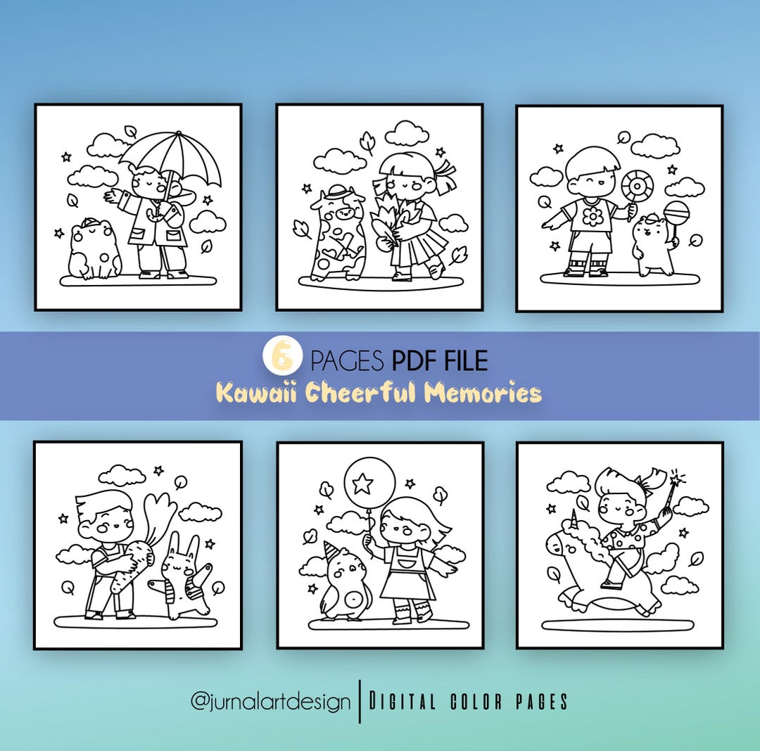 Kawaii Cheerful Memories Coloring Pages | 6-page Cute PDF Coloring Book ...