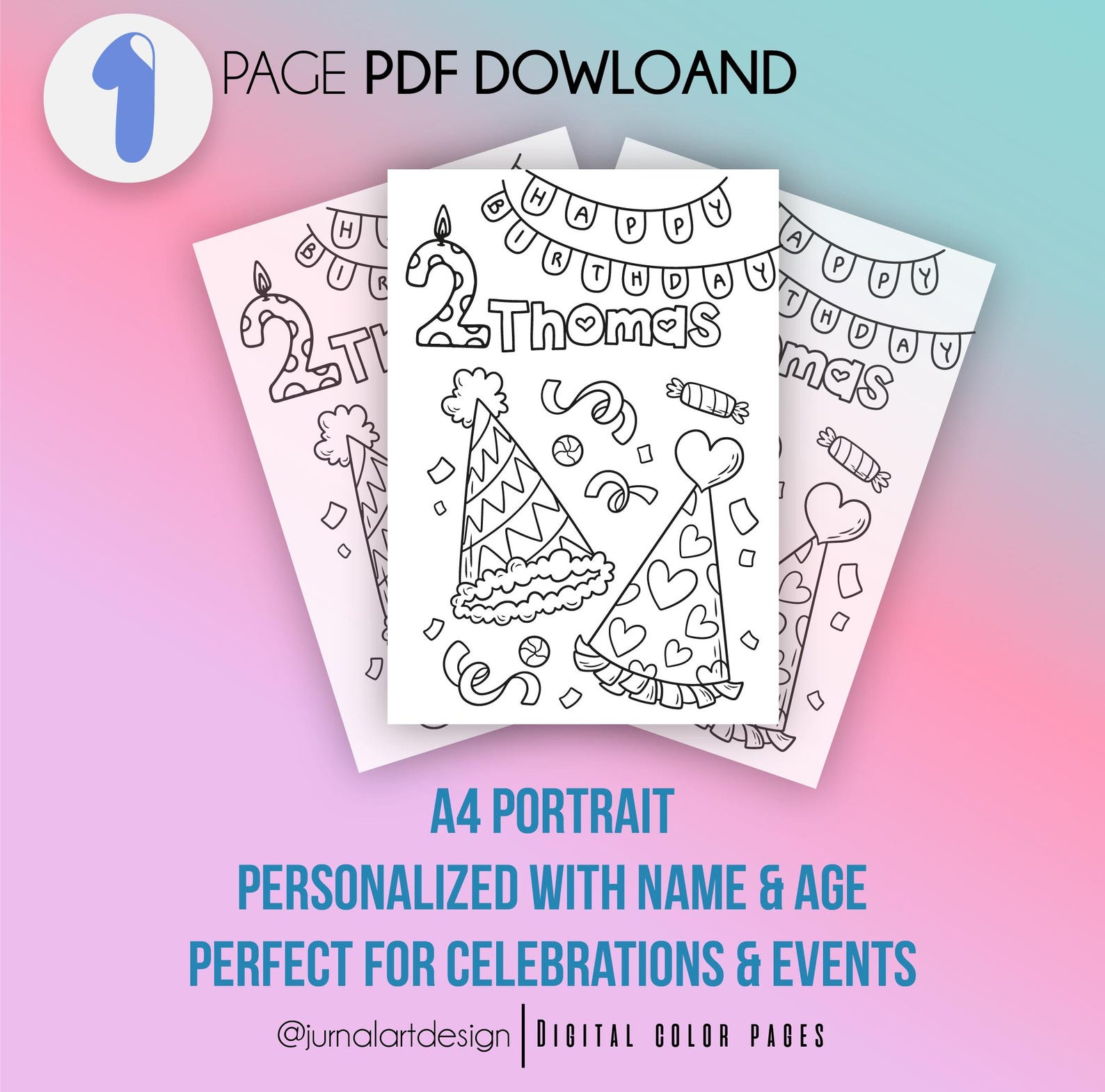 Happy Birthday Fun Party Hat Coloring Page DIGITAL | Coloring Greeting ...