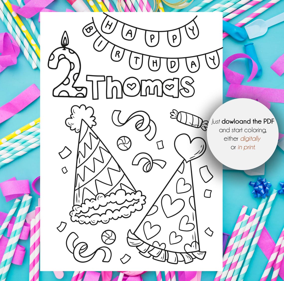 Happy Birthday Fun Party Hat Coloring Page DIGITAL | Coloring Greeting ...