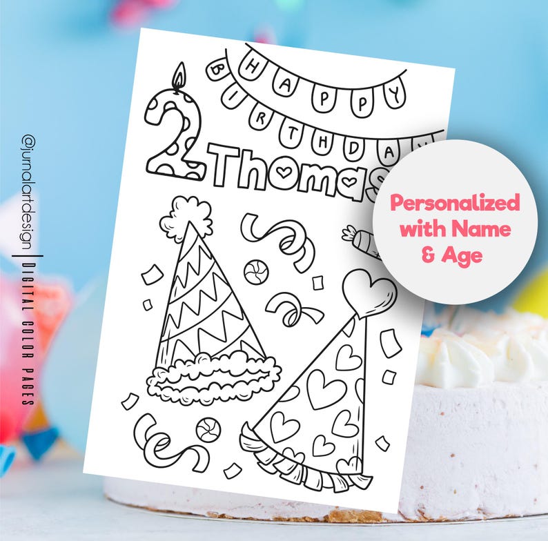 Happy Birthday Fun Party Hat Coloring Page DIGITAL | Coloring Greeting ...