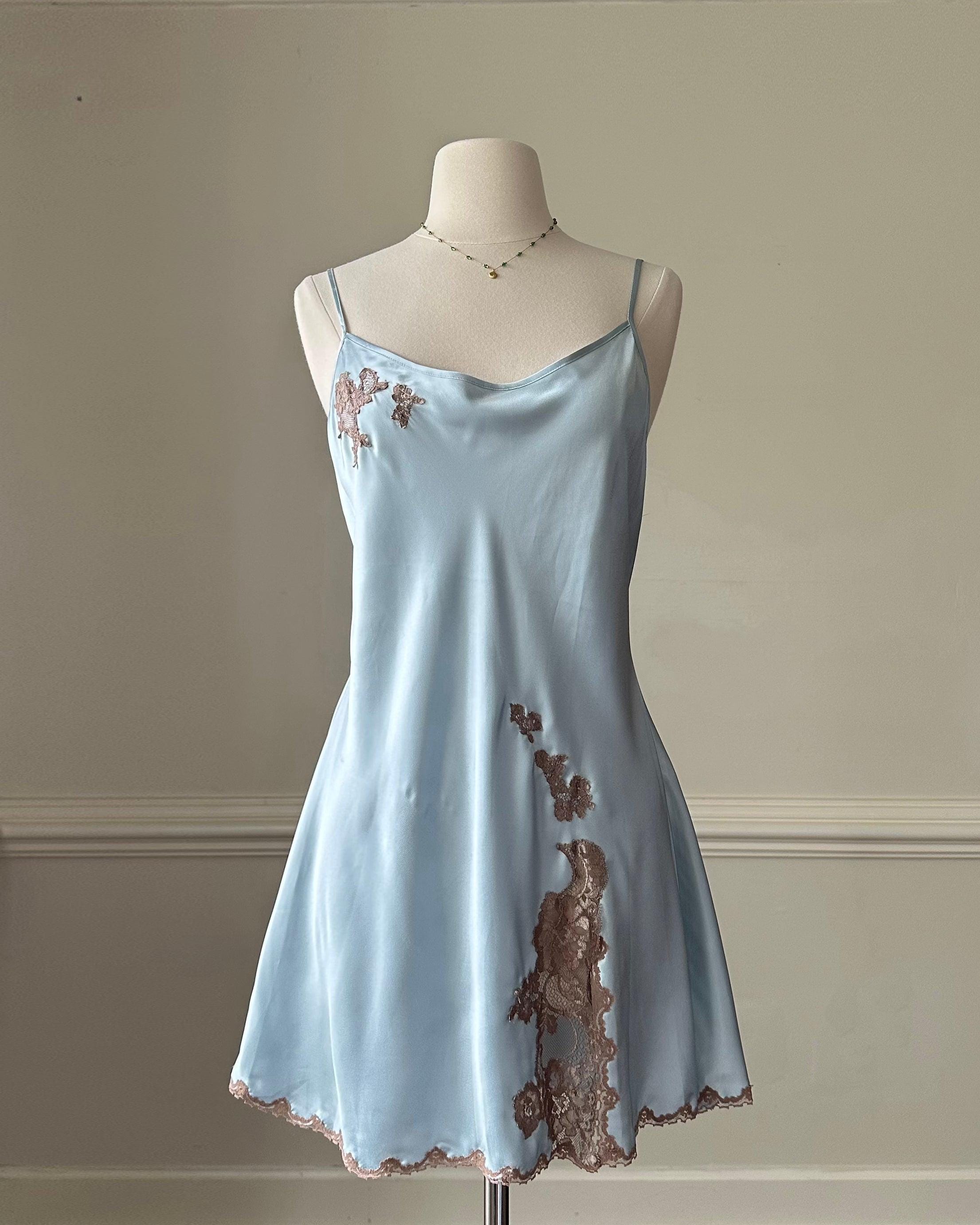 Victorias Secret Satin Soft Blue Slip Dress Featuring Intricate Lace ...