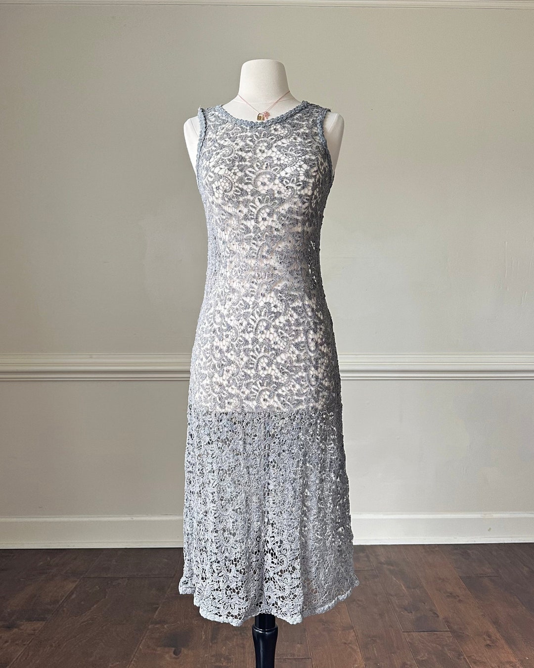 Vintage Complete Sheer Midi Dress in Grey Featuring Brocade Embroidery ...