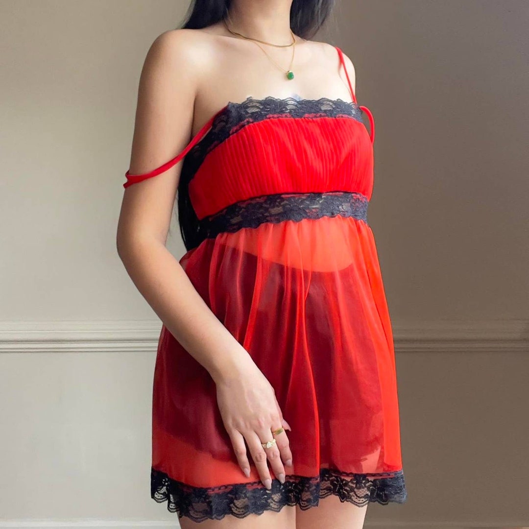 Vintage Red Sheer Chiffon Camisole With Black Lace – Fits S - Etsy