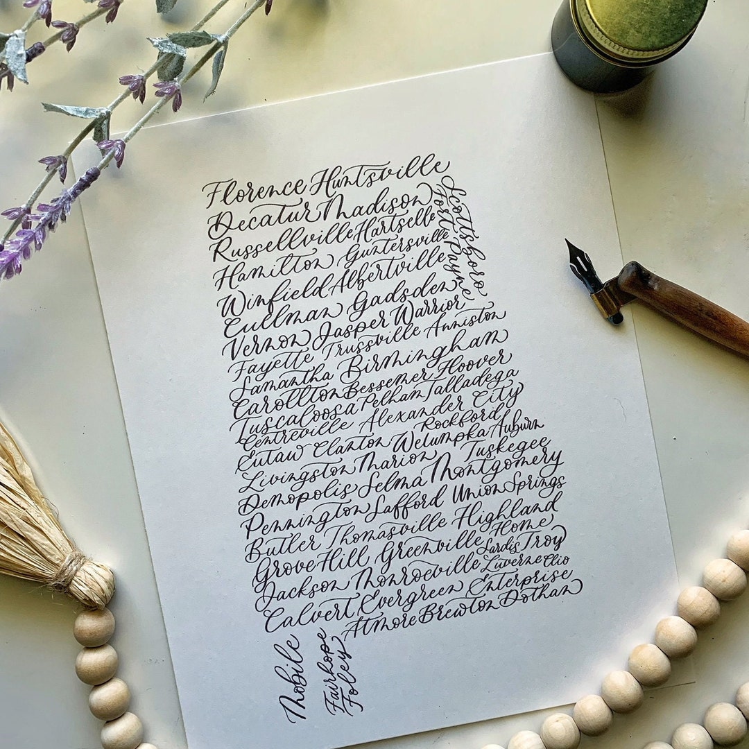 Alabama Calligraphy Print, AL Art Print, Alabama Word Print, Alabama ...