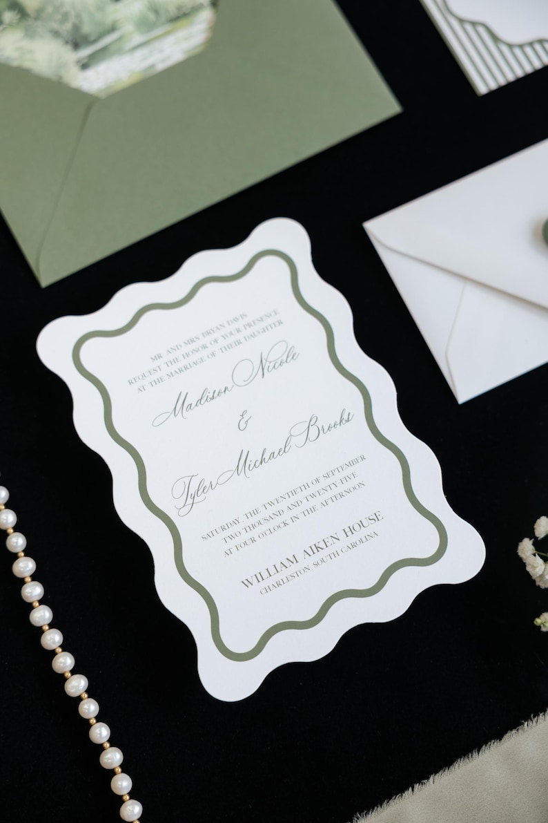 Wavy Edge Wedding Invitation Suite, Sage Green, Printed - Etsy