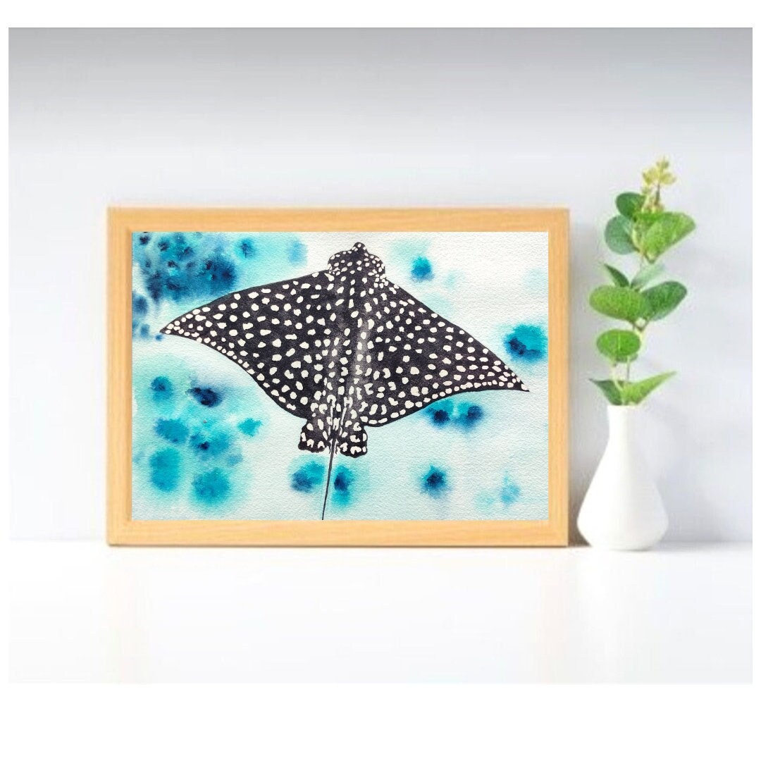 Sealife Watercolor Painting Manta Ray Themed Artwork Sealife Wall Hanging Coastal Wall Art for ...